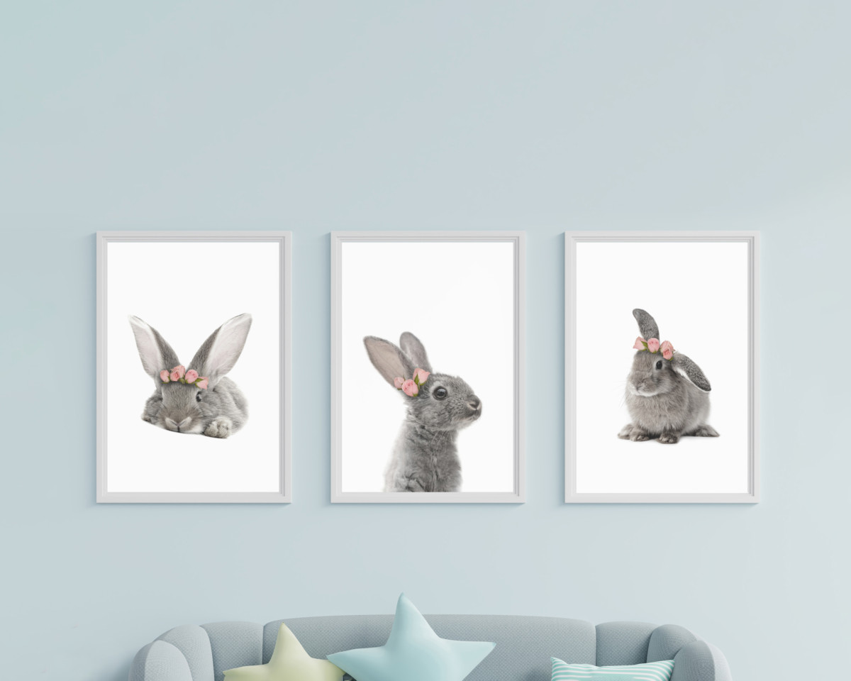 Set of 3 Rabbit Prints with Flowers - Laurel Lane